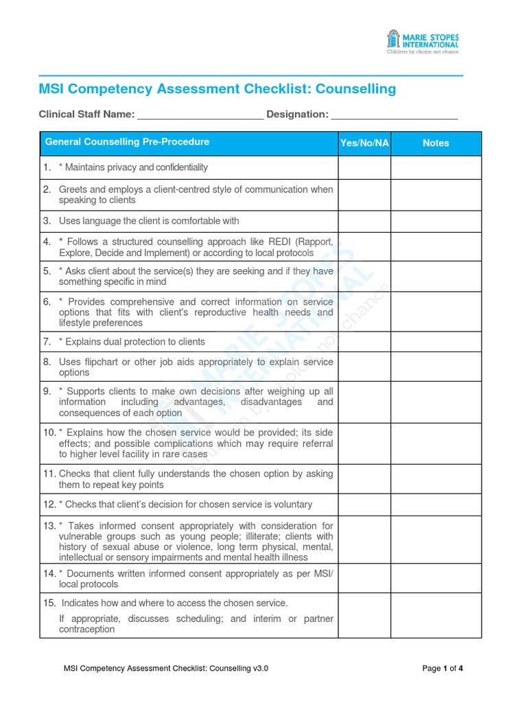 MSI CA Checklist - Counselling v3.0 | PDF | Birth Control | Family Planning