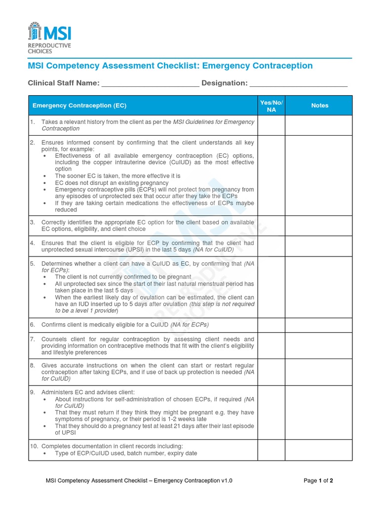 Emergency Contraception Skills Checklist | PDF | Birth Control ...