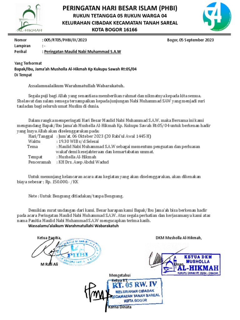 PHBI SURAT Undangan Maulid 230904 | PDF