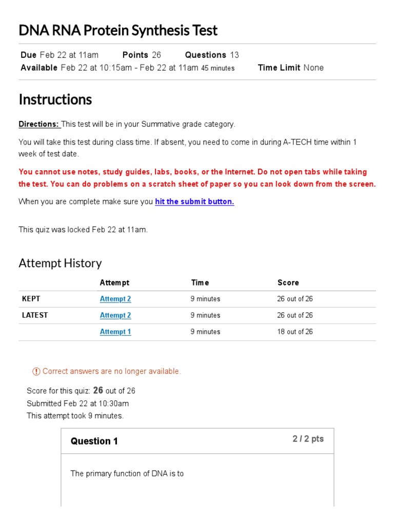 DNA RNA Protein Synthesis Test - Biology H | PDF