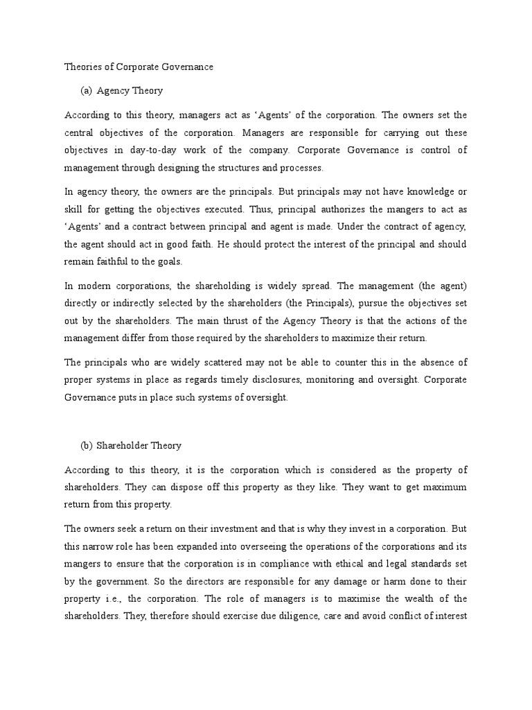 Theories and Models of Corporate Governance | PDF | Corporate ...