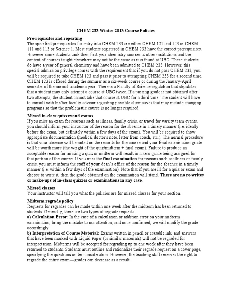 CHEM 233 - Course Policies | PDF