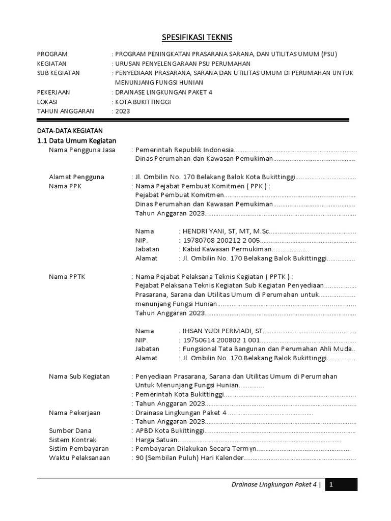 Spek Dok. Lelang Drainase Paket 4 | PDF