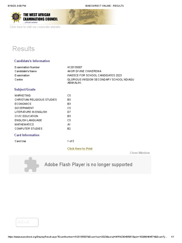 Waecdirect Online - Results | PDF