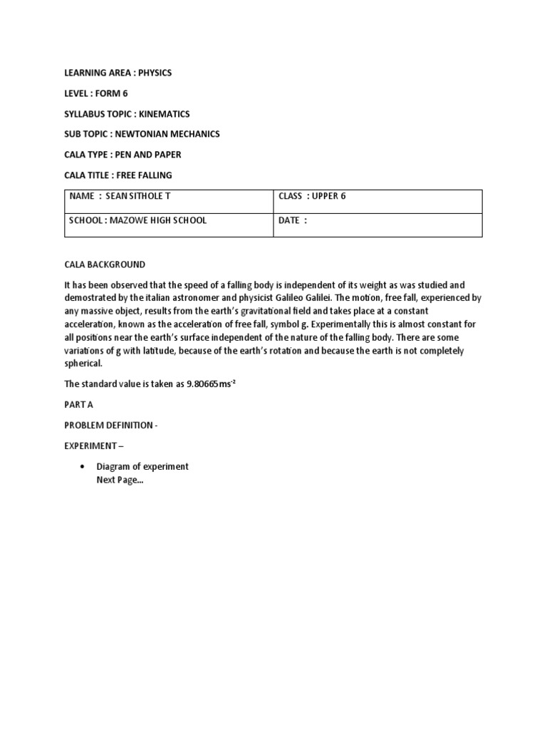 SEAN SITHOLE PHYSICS CALA A | PDF | Physics | Acceleration