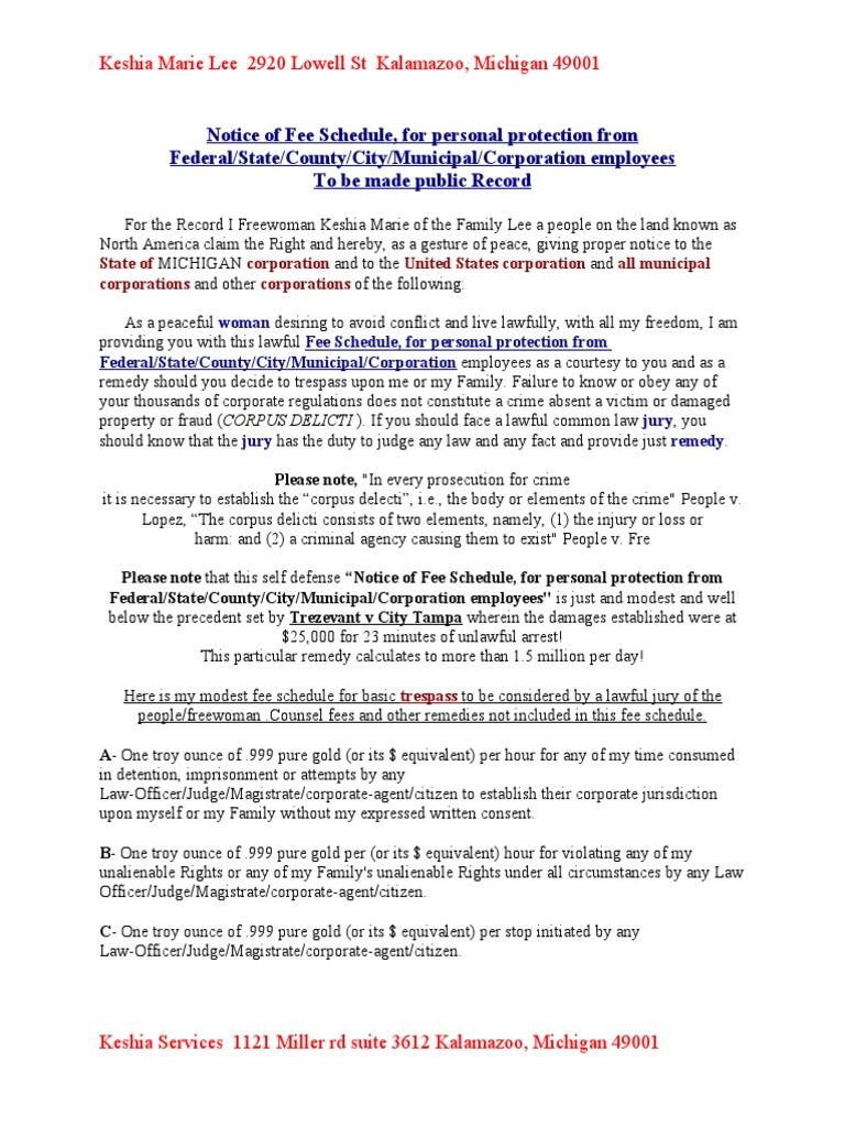 Notice of Fee Schedule and Remedy For Personal Protection From Federal ...