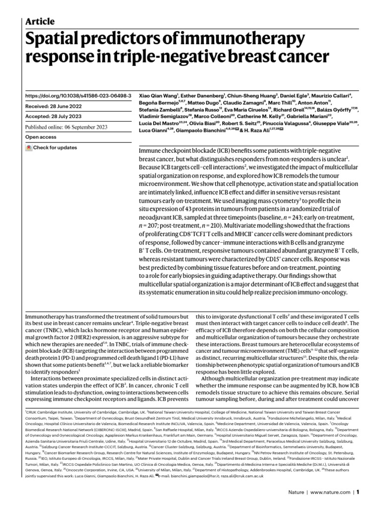 Spatial Predictor Of Immunotherapy Response In Triple Negative Breast
