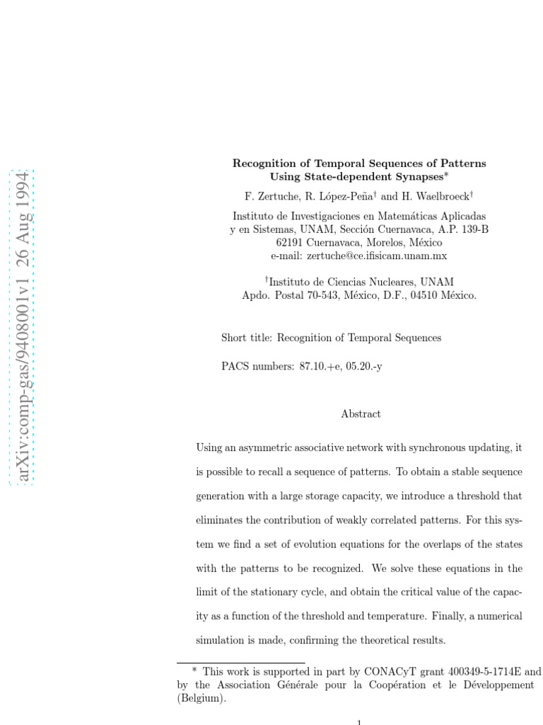 Recognition of Temporal Sequences of Patterns Using State-Dependent Synapses | PDF | Mathematics ...