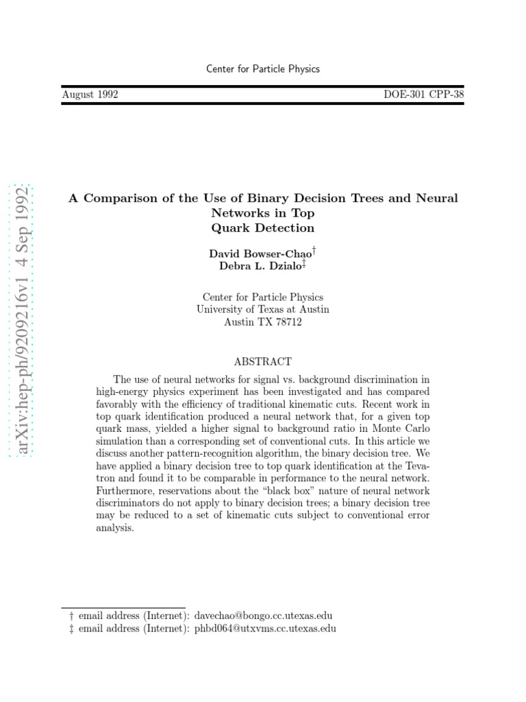 A Comparison of the Use of Binary Decision Trees and Neural Networks in Top Quark Detection | PDF