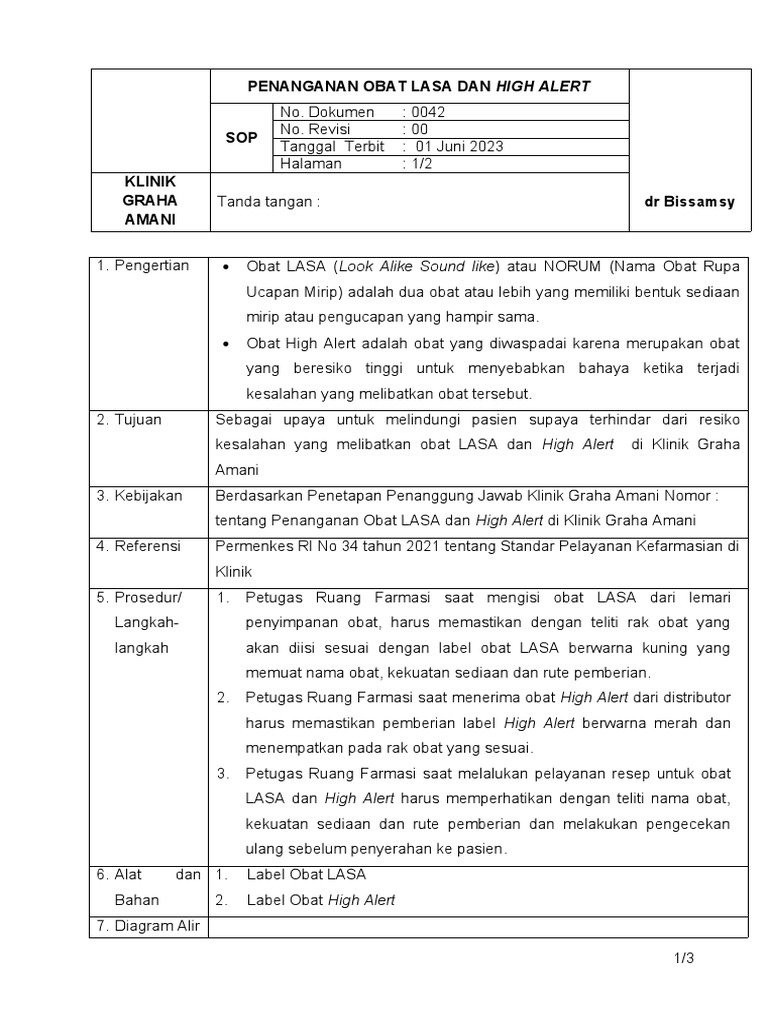 SOP Penanganan Obat LASA Dan High Alert | PDF | Kesehatan Holistik
