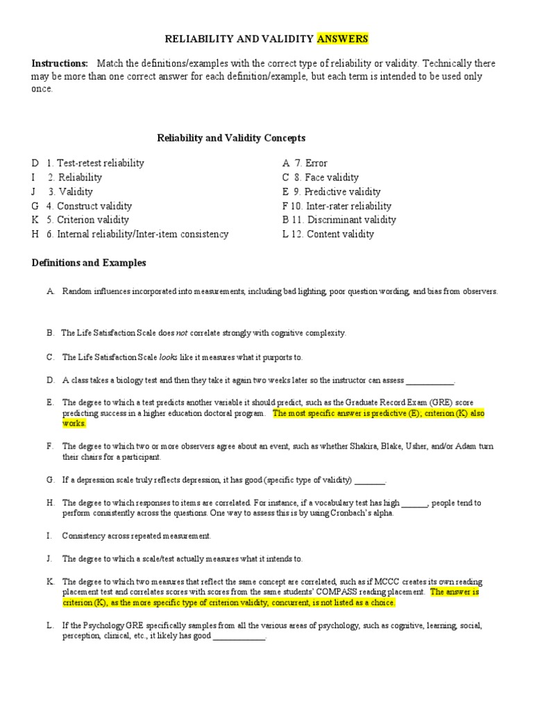 3 Reliability and Validity Worksheet Answers | PDF | Validity ...