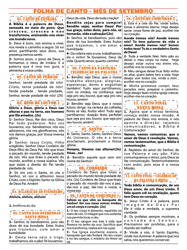 Folha de Canto - Setembro | PDF | Presente espiritual | Missa (liturgia) Folha de Canto - Setembro | PDF | Presente espiritual | Missa (liturgia)