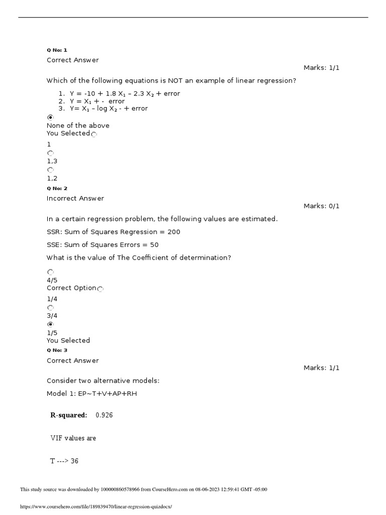 Linear Regression Quiz | PDF | Coefficient Of Determination | Regression Analysis