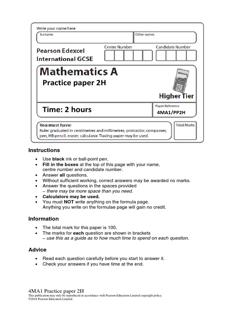 IGCSE (9-1) Maths - Practice Paper 2H | PDF | Area | Elementary Mathematics