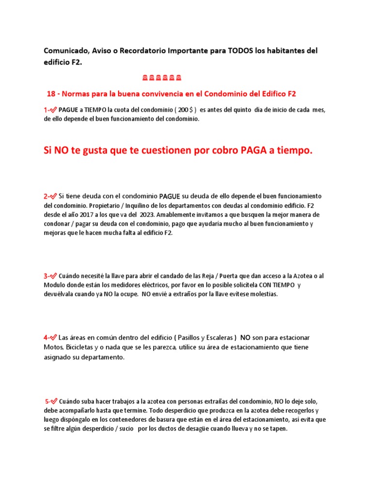 Normas de Convivencia Edificio F2 | PDF