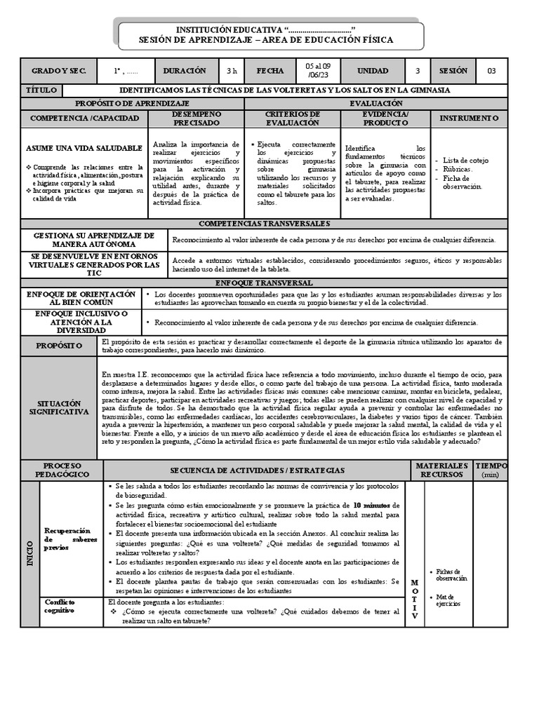 Unidad 3 - Sesión 4 - Ef 1° - U3 | PDF | Evaluación