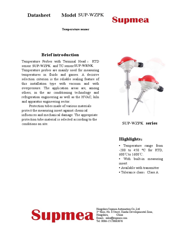 WZP PT100 Temperature Sensor Datasheet | PDF | Thermocouple | Materials
