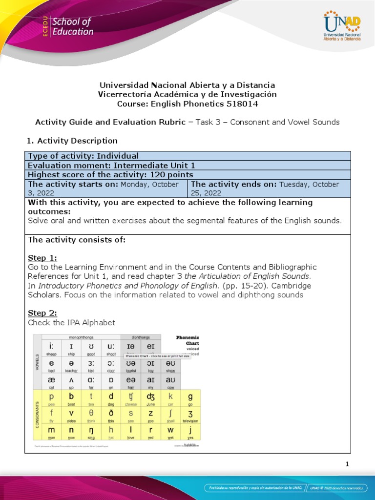 Activities Guide and Evaluation Rubric - Unit 1 - Task 3 - Consonant and Vowel Sounds | PDF ...