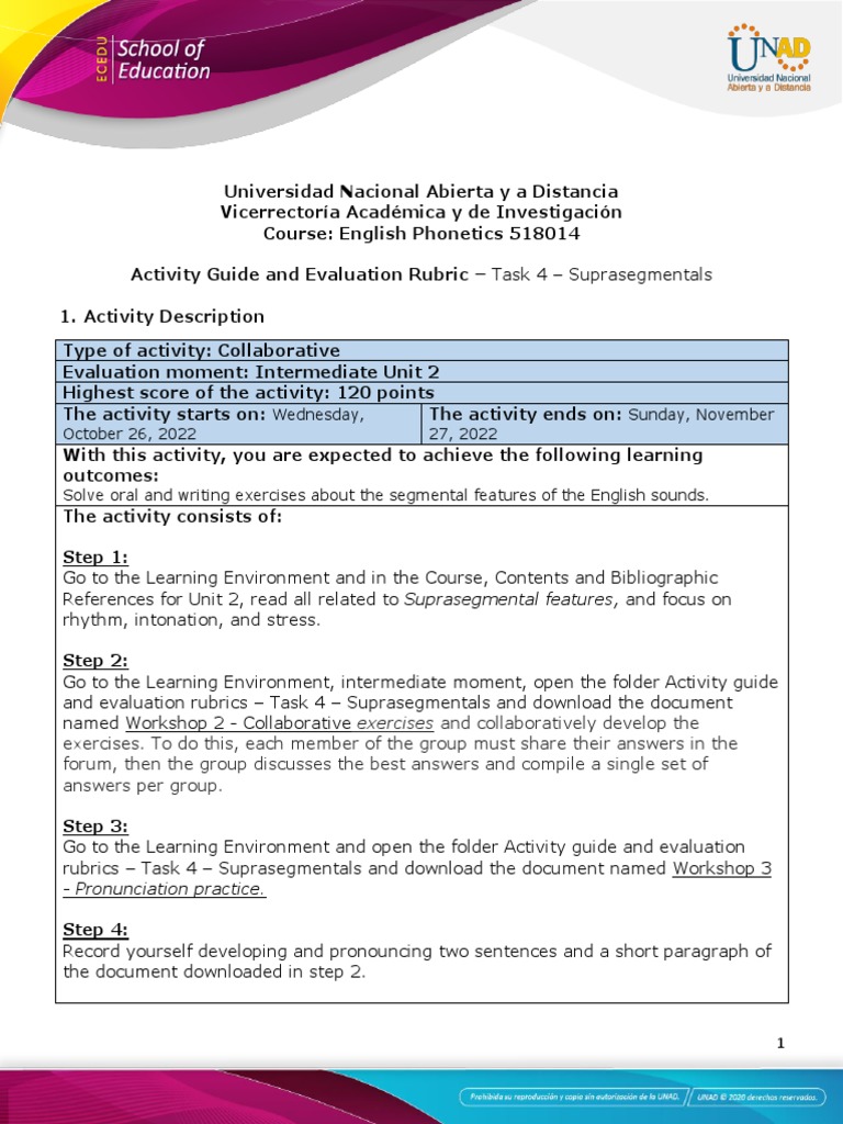 Activities Guide and Evaluation Rubric - Unit 2 - Task 4 - Suprasegmentals | PDF | Plagiarism ...