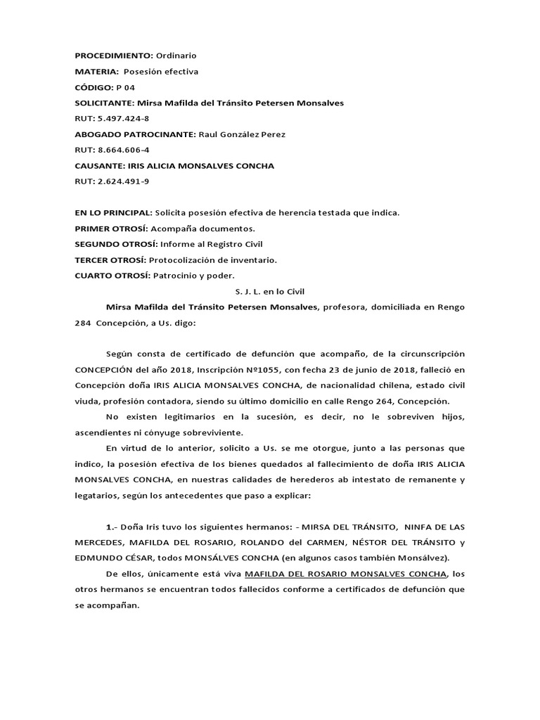 Posesión efectiva testada - modelo solicitud - sucesión IRIS MONSÁLVES ...