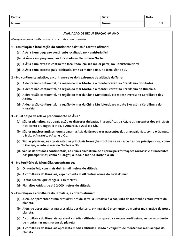 Prova 9A 9B | PDF | Ciências Sociais | Turismo