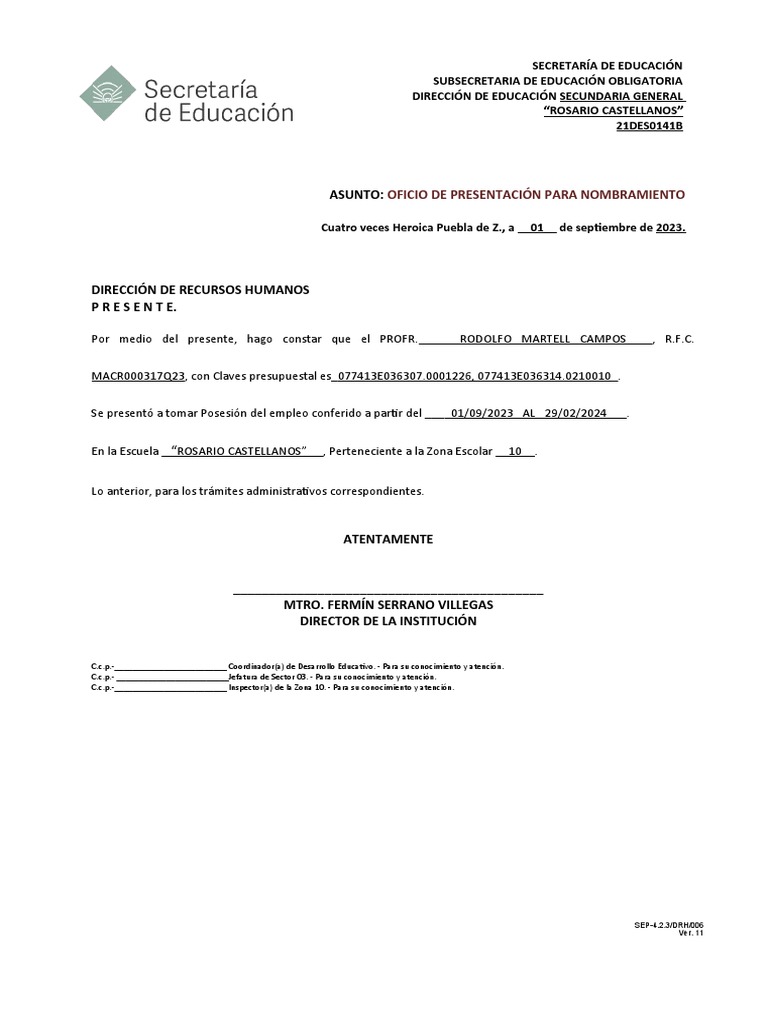 Oficio de Presentación para Nombramiento | PDF