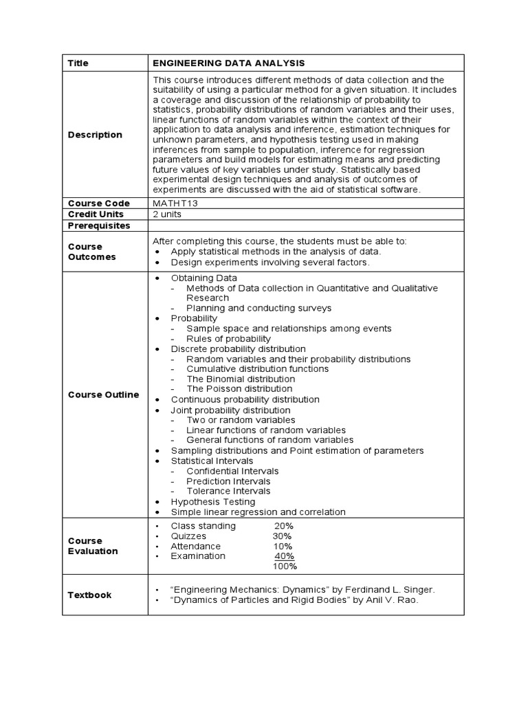 MATHT13 Engineering Data Analysis | PDF | Statistics | Probability Distribution