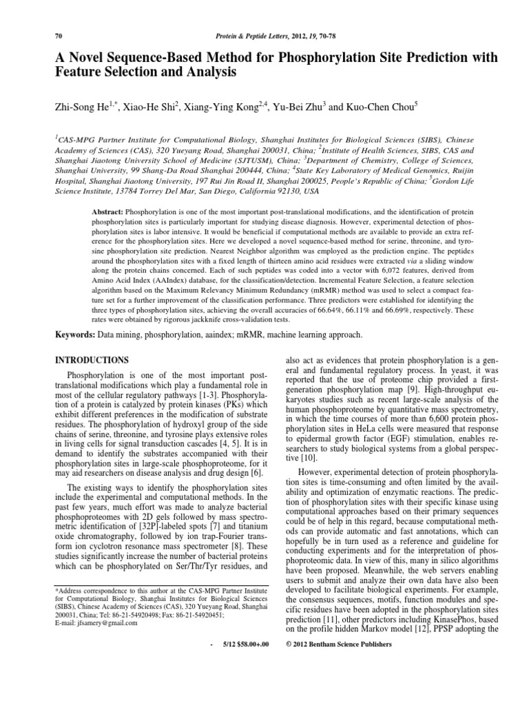 A Novel Sequence-Based Method For Phosphorylation Site Prediction With Feature Selection and ...