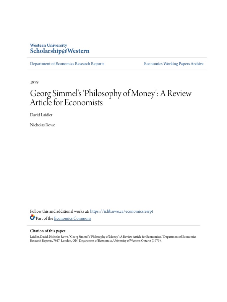 Georg Simmel's 'Philosophy of Money': A Review Article For Economists | PDF