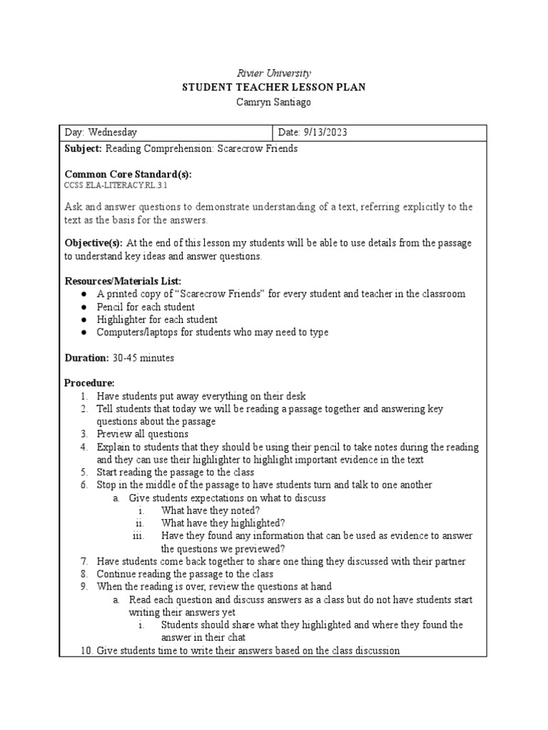 Reading Comprehension Scarecrow Friends | PDF | Reading Comprehension | Cognitive Psychology