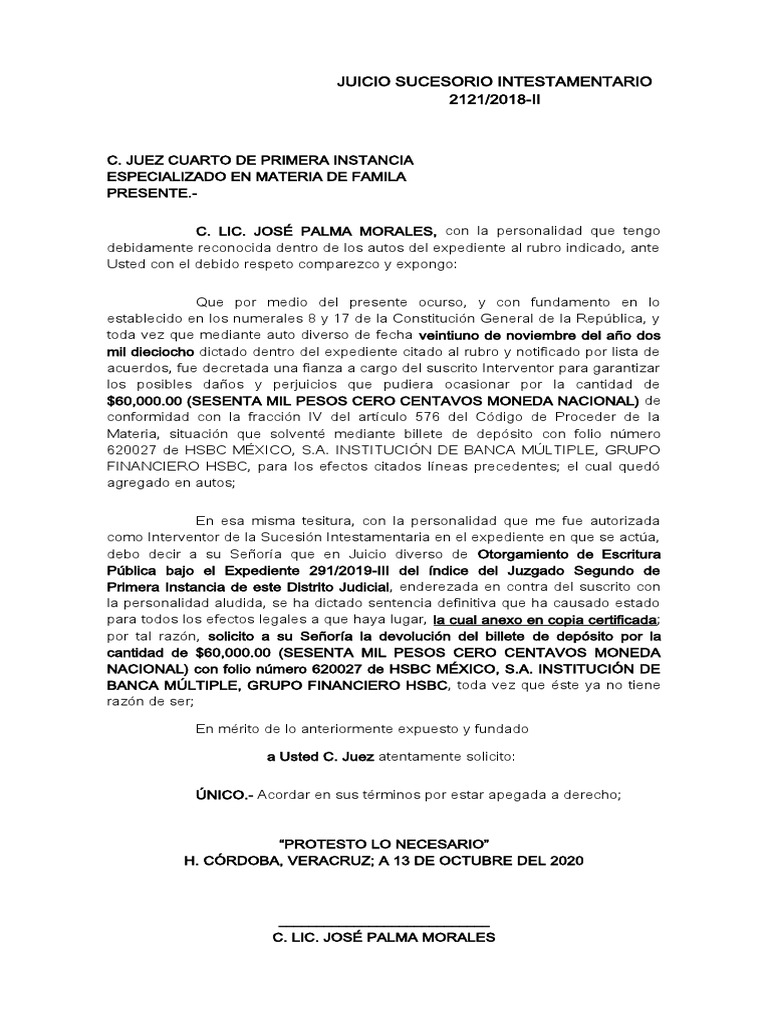 Escrito Solicitando Devolución Fianza - Exp - 2121 - 2018 | PDF