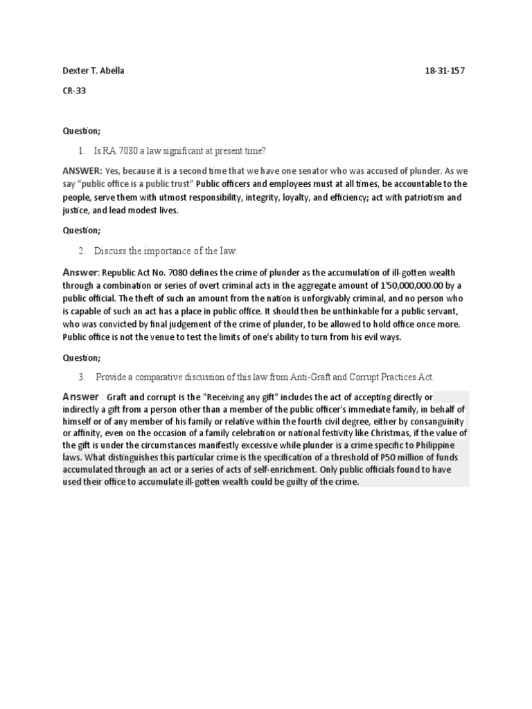 Significance of RA 7080 on Plunder | PDF