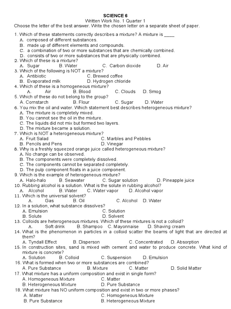 Mixtures and Solutions Quiz for Grade 6 | PDF