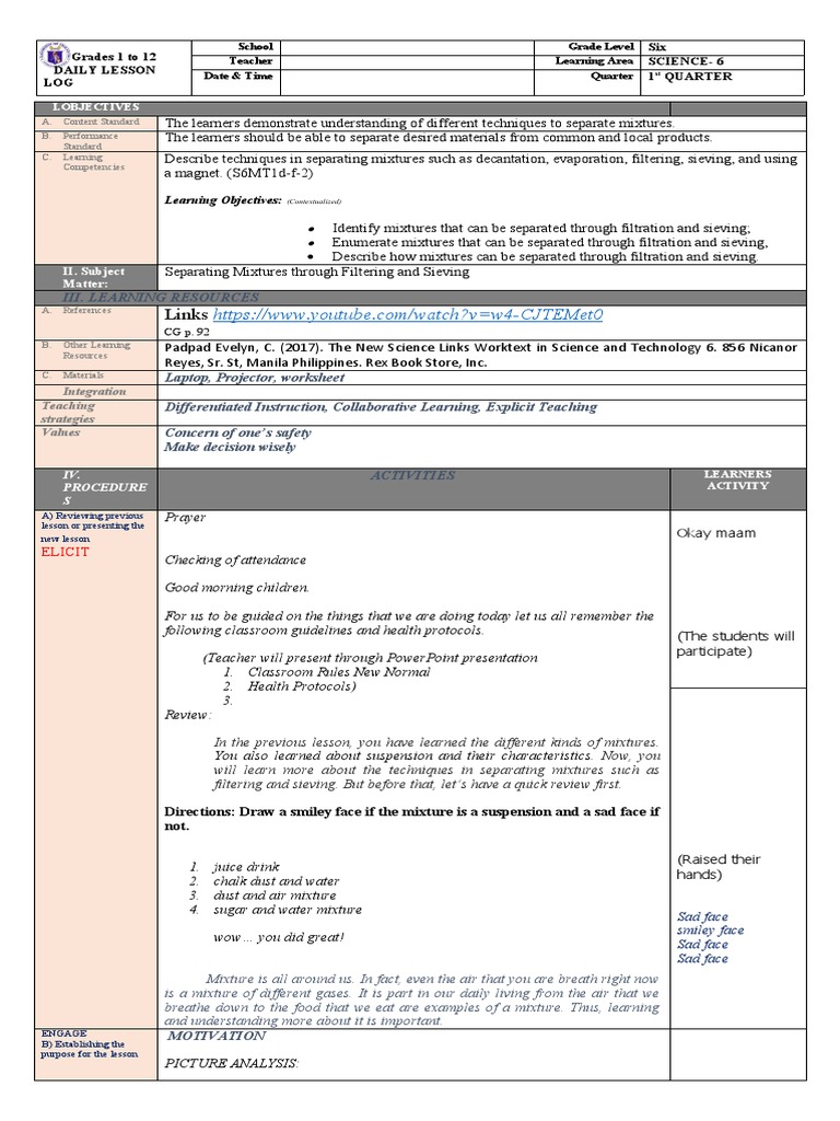 q1 Science 6 Separating Mixtures Detailed | PDF | Filtration | Mixture