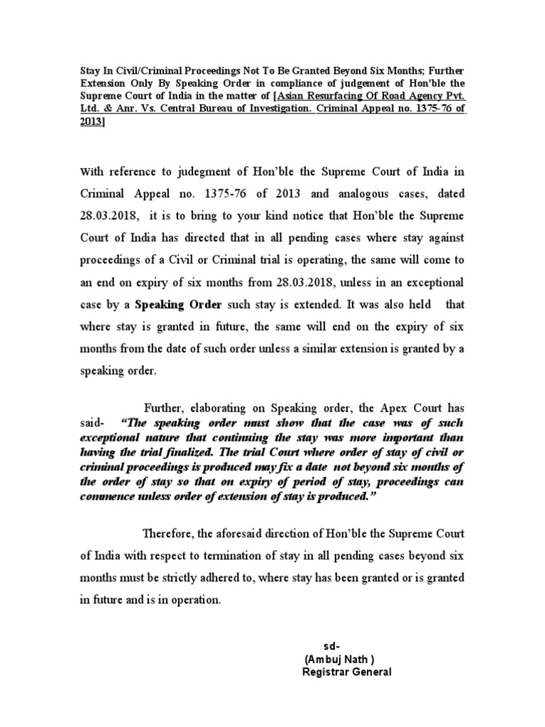 Directions Regarding Stay Order | PDF