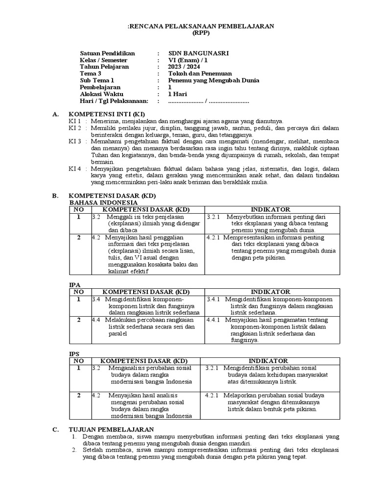 RPP Tema 3 Kelas 6 | PDF