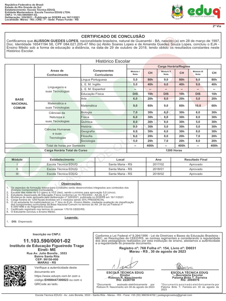 Certificado de Conclusão EJA Ensino Médio | PDF
