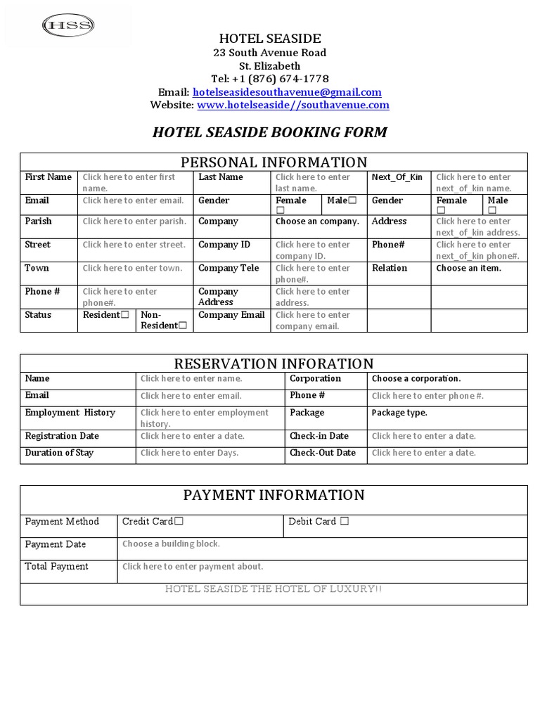 Hotel Seaside. Booking Form | PDF | Payments | Service Industries