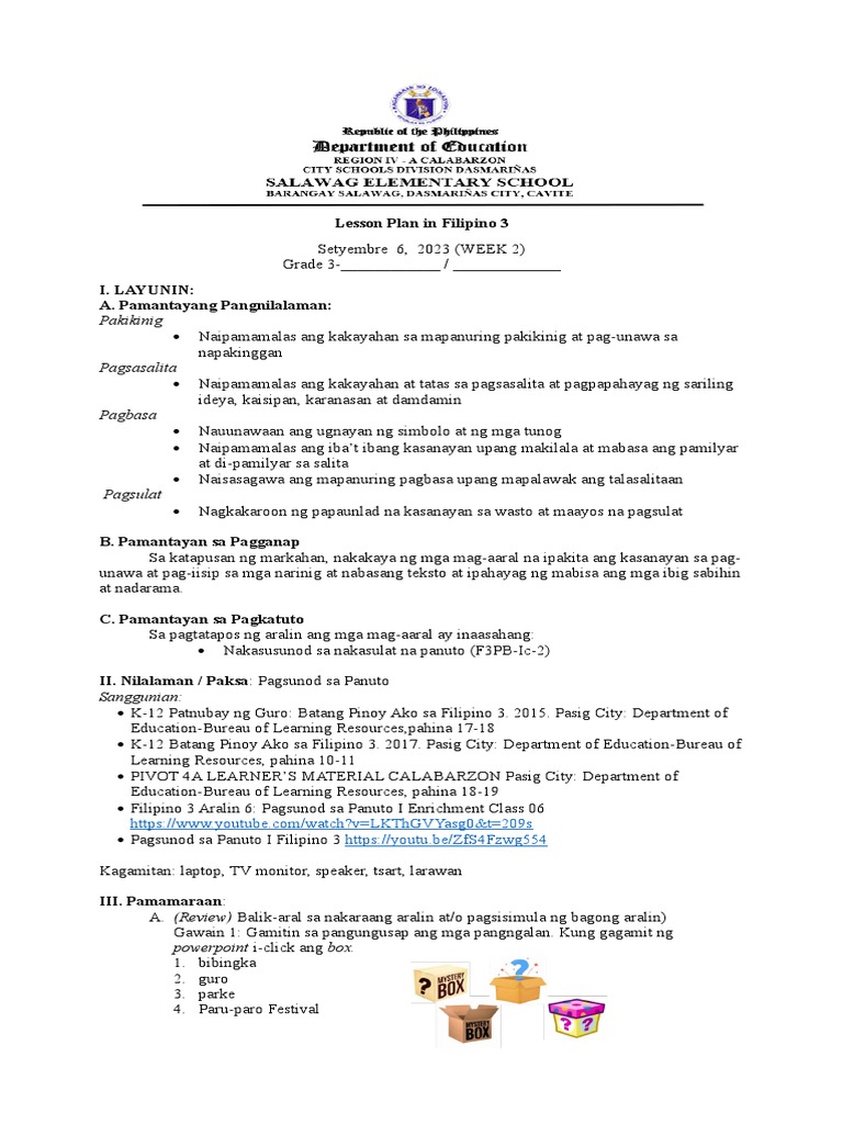 COT Semi Detailed Lesson Plan in Filipino 3 | PDF