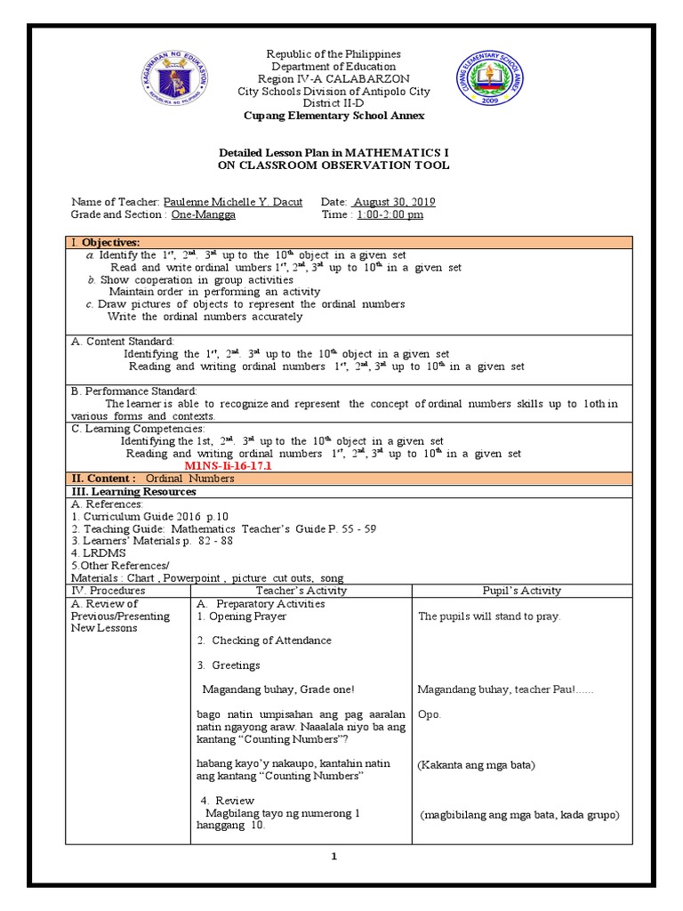 Detailed Lesson In Math 1 Ordinal Numbers Docx Version 1 Pdf