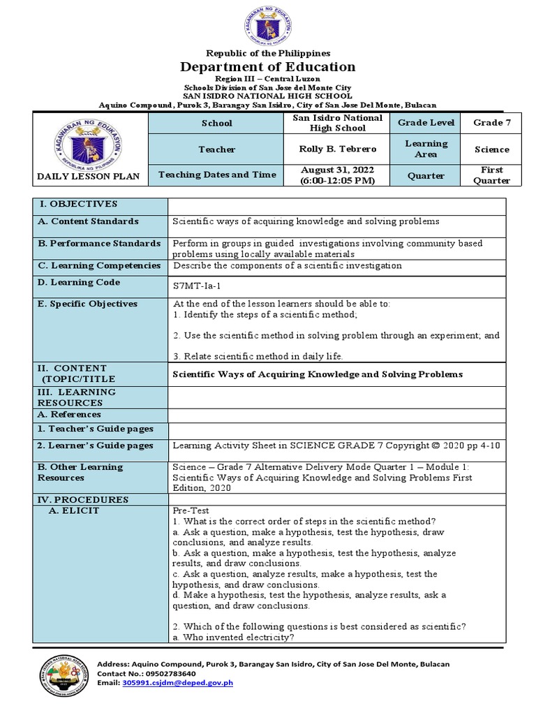 RTEBRERO DLL Q1 SCIENCE 7 August 31 Scientific Ways of Acquiring ... RTEBRERO DLL Q1 SCIENCE 7 August 31 Scientific Ways of Acquiring ...