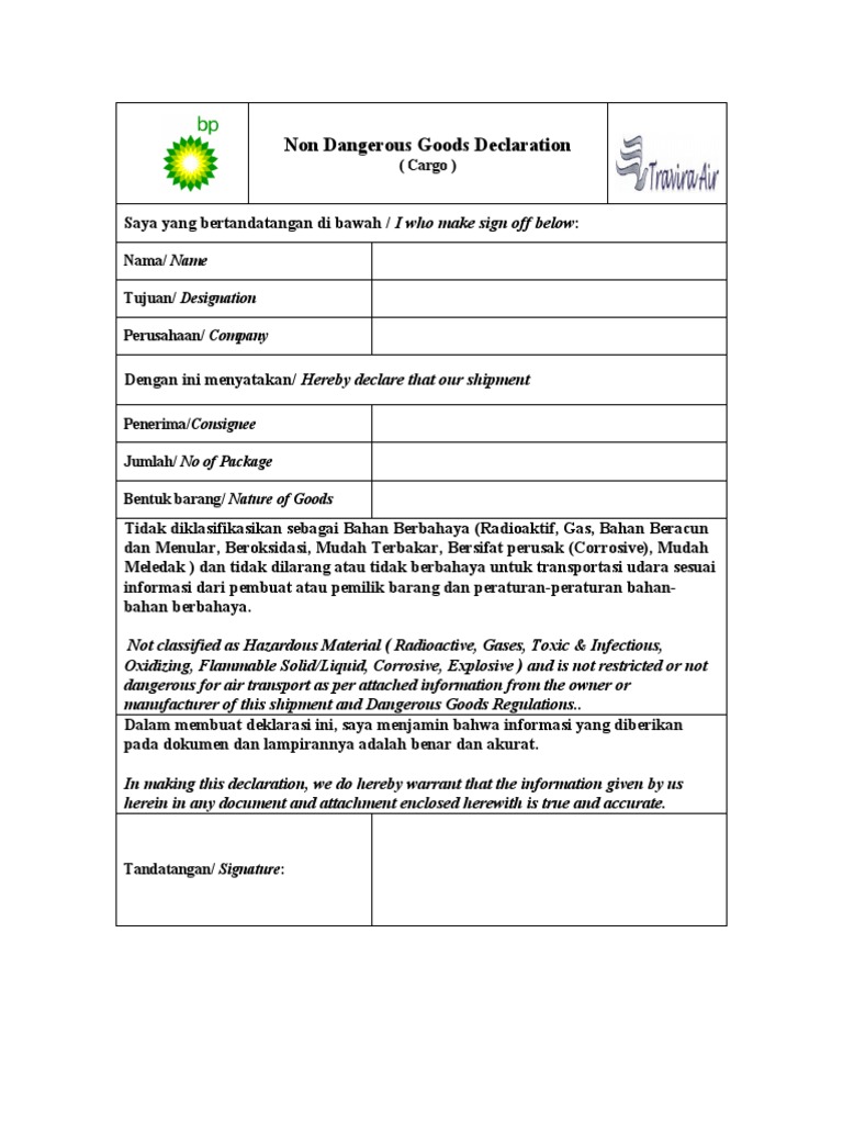 Non Dangerous Goods Declaration - Cargo 1 | PDF