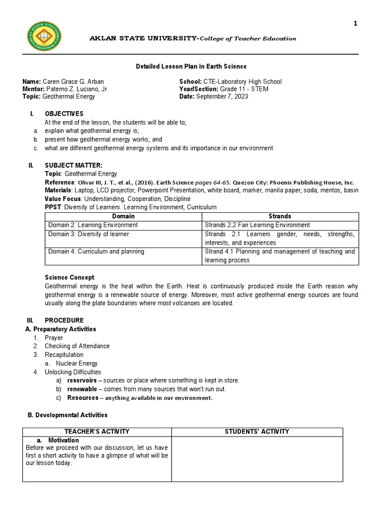 Arban, CG. Lesson Plan in Geothermal Energy, 11 - STEM | PDF ...