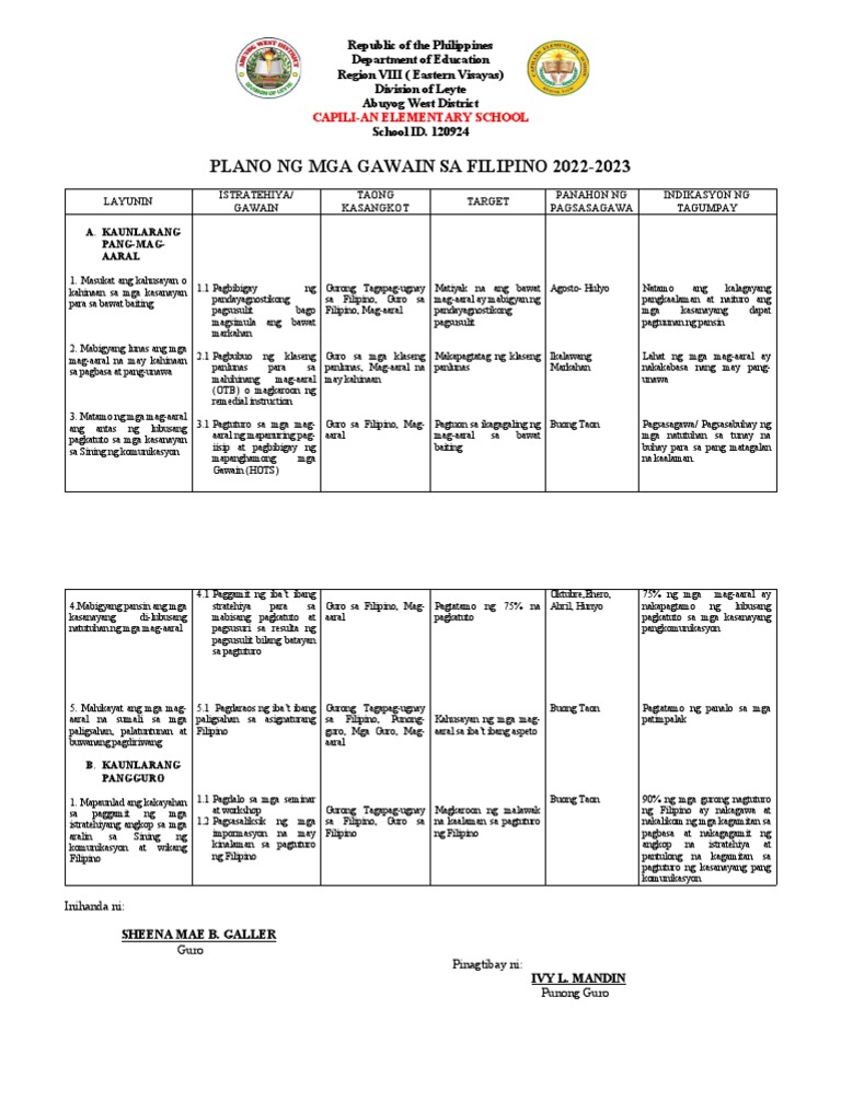 Action Plan Filipino 2022 2023 | PDF