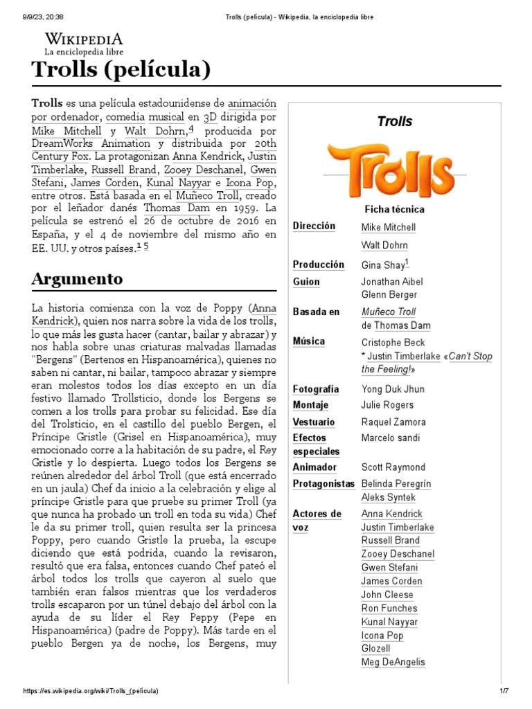 Trolls (Película) - Wikipedia, La Enciclopedia Libre | PDF | Dream Works Animation