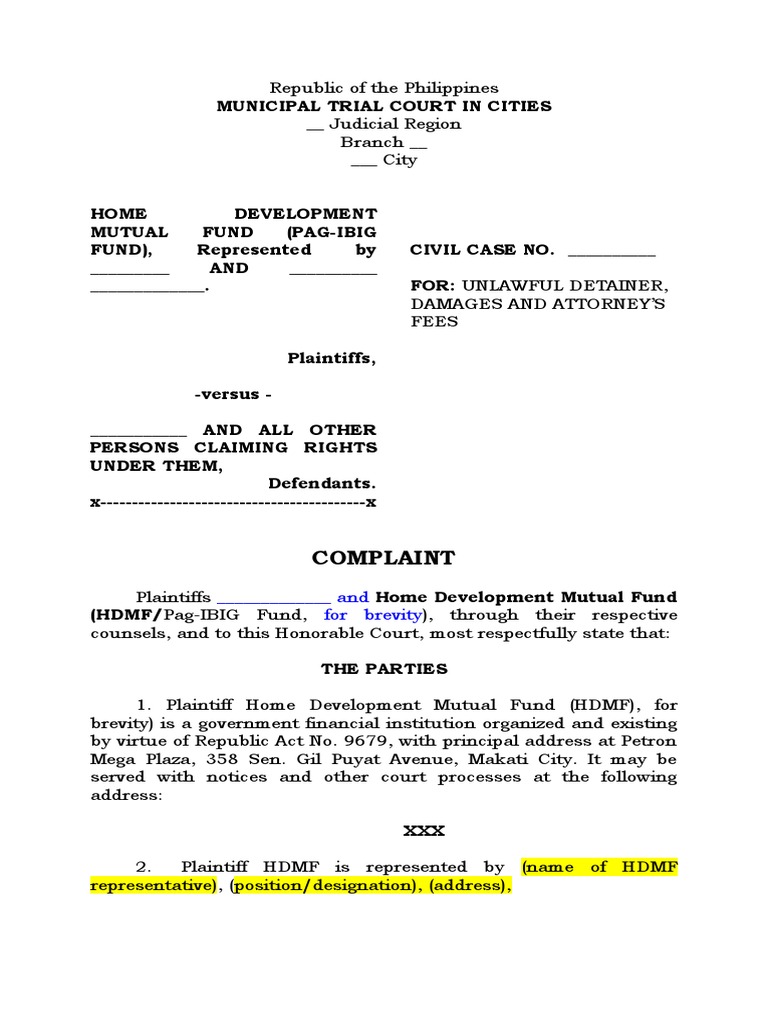 Unlawful Detainer Complaint - Template - 31 Mar 2023 | PDF | Complaint ...