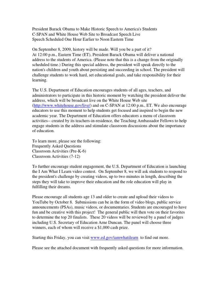 Obama Speech | PDF | Teachers | Classroom