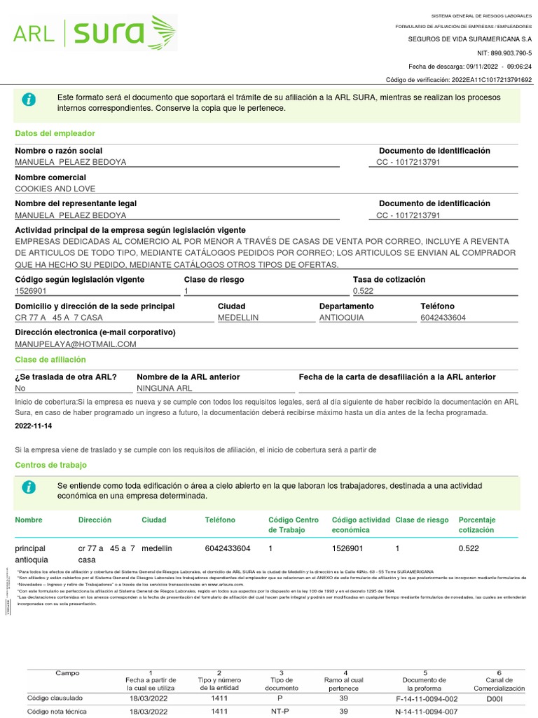 Formulario Afiliacion Arl Sura | PDF