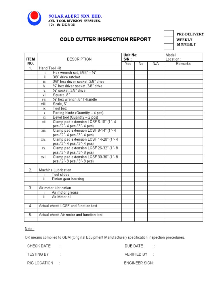 Cold Cutter Inspection Checklist | PDF | Home & Garden | Technology ...