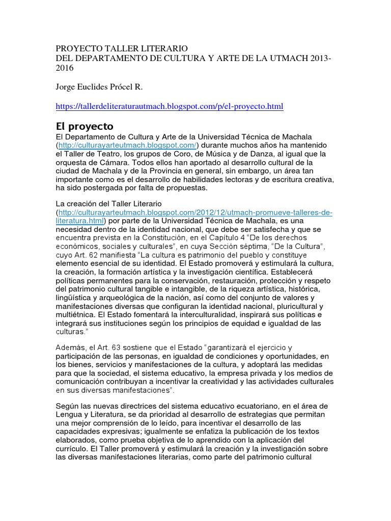 Proyecto Taller Literario Utmach | PDF